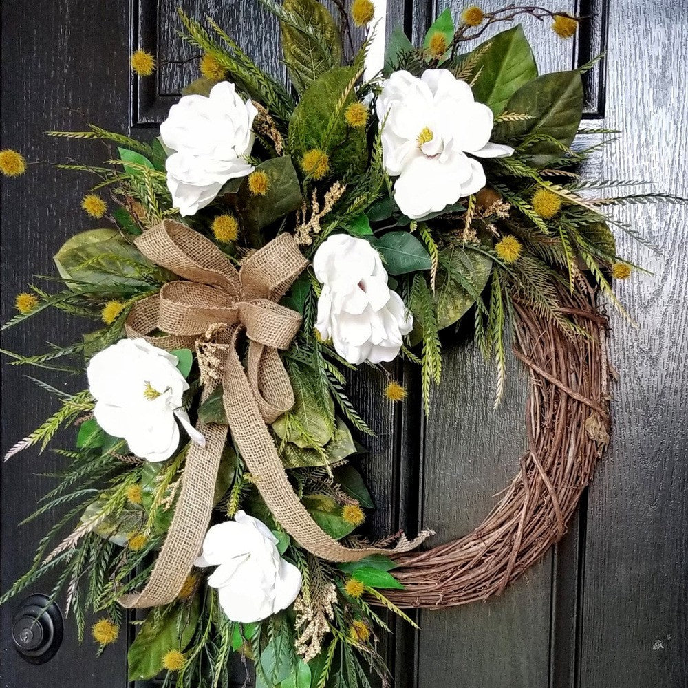 Bulk Artificial Magnolia Flower Wreaths Natural Rattan Wreath Ornament ...